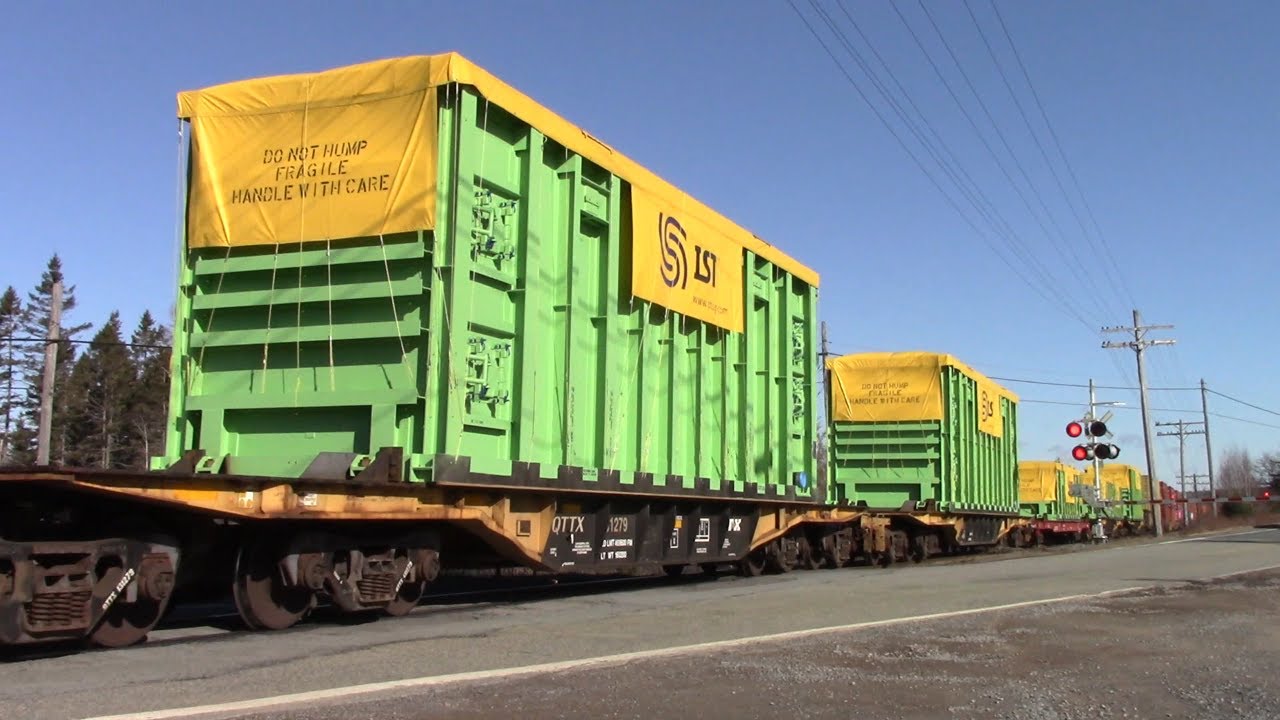 Nice Dimensional Loads! Long Stack Train CN 120 w/DPU Passing thru Brookfield, NS at Track Speed ...