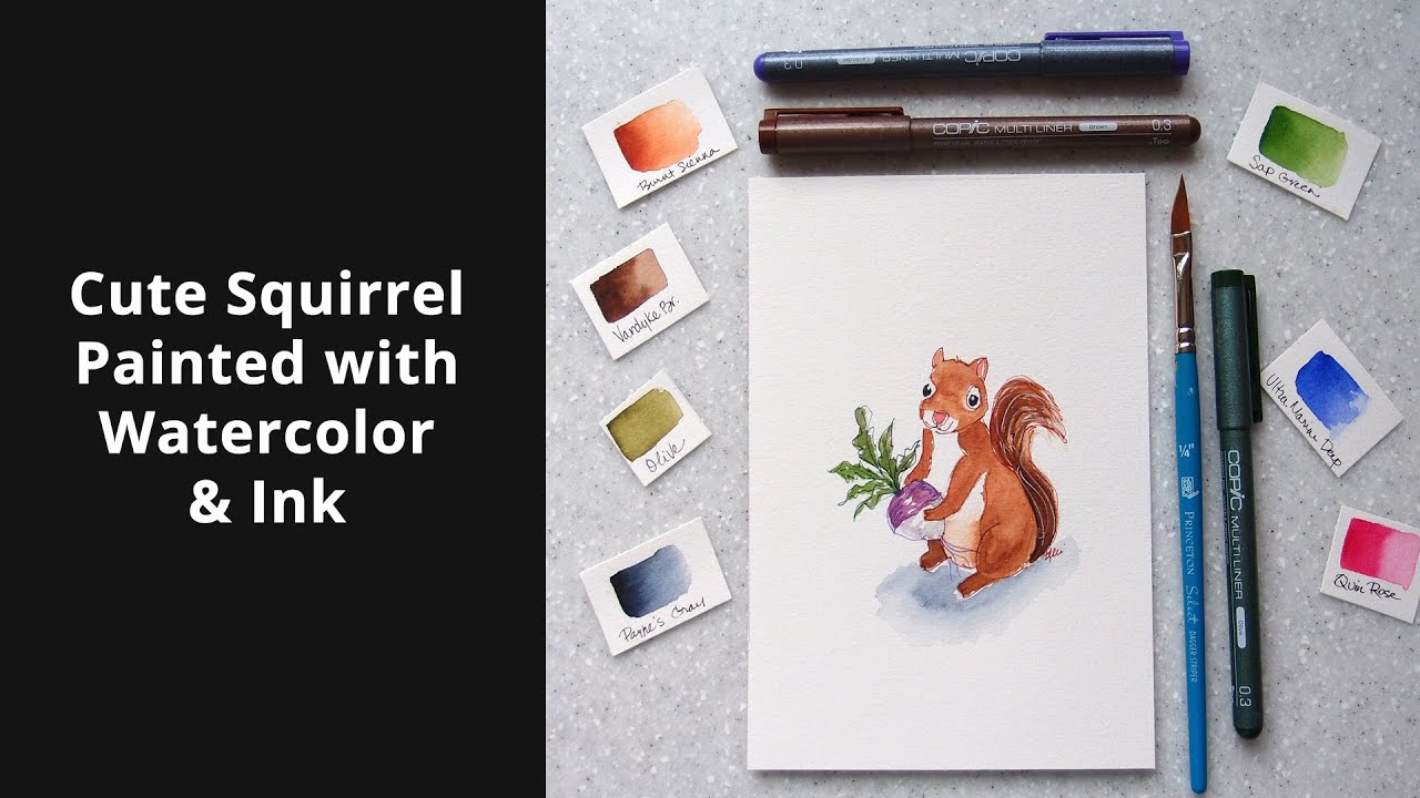 Cute Squirrel Painted with Watercolor and Ink - YouTube