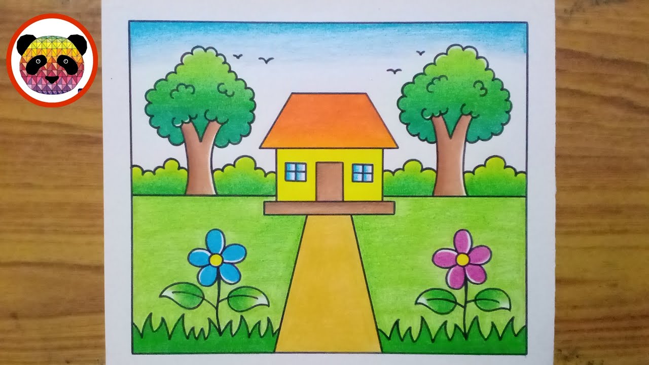 Very Easy House Scenery Drawing / How to Draw Scenery Step by Step ...