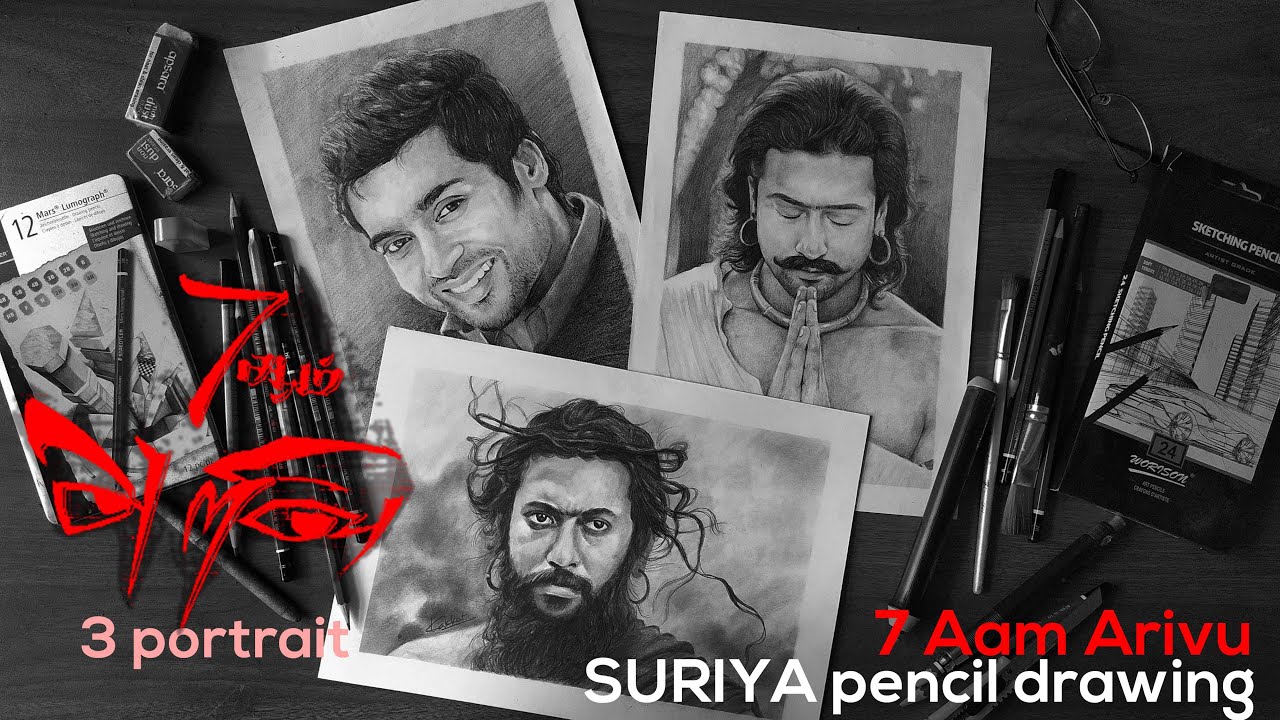 7 Aam Arivu | Suriya Sivakumar Pencil Drawing | 3 portrait drawing ...