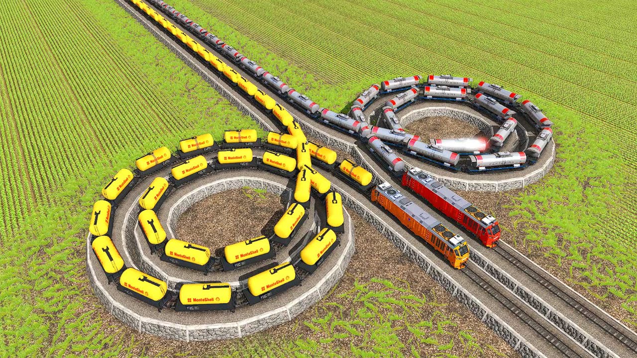 4 Fast Trains Crossing On Crazy Double Looping Railroad Track | Rel ...