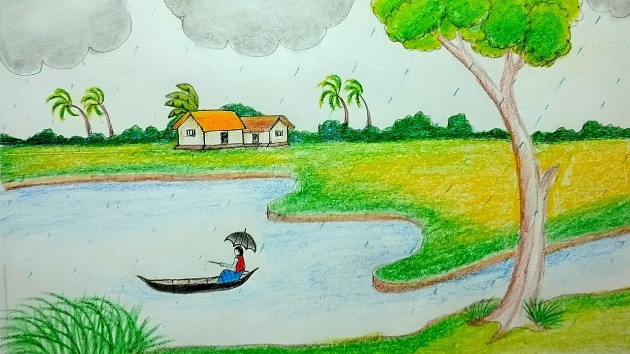 How to draw a scenery of rainy season step by step||Easy drawing ...