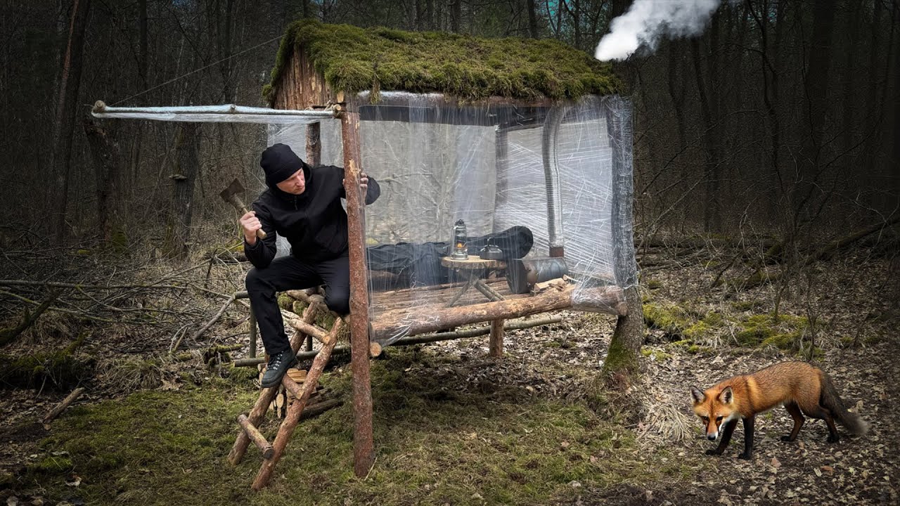 Building a Bushcraft Survival Cabin with a Stove in the Woods | Solo ...