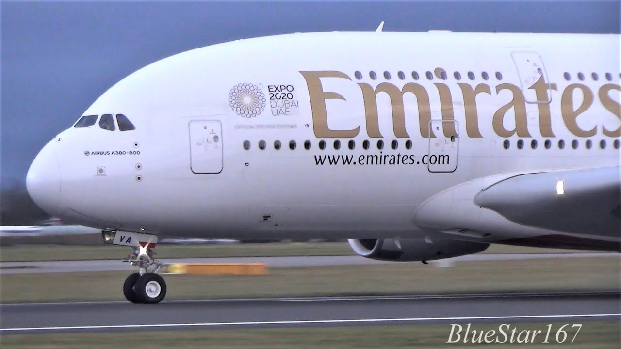 Emirates Airlines Airbus A380-800 (A6-EVA) takeoff from MAN/EGCC ...