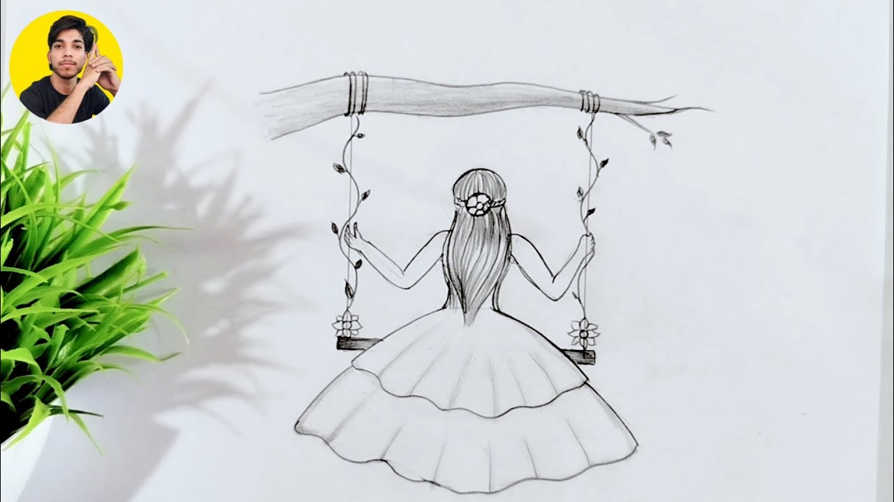 how to draw a girl Swinging on tree - step by step // pencil sketch for ...