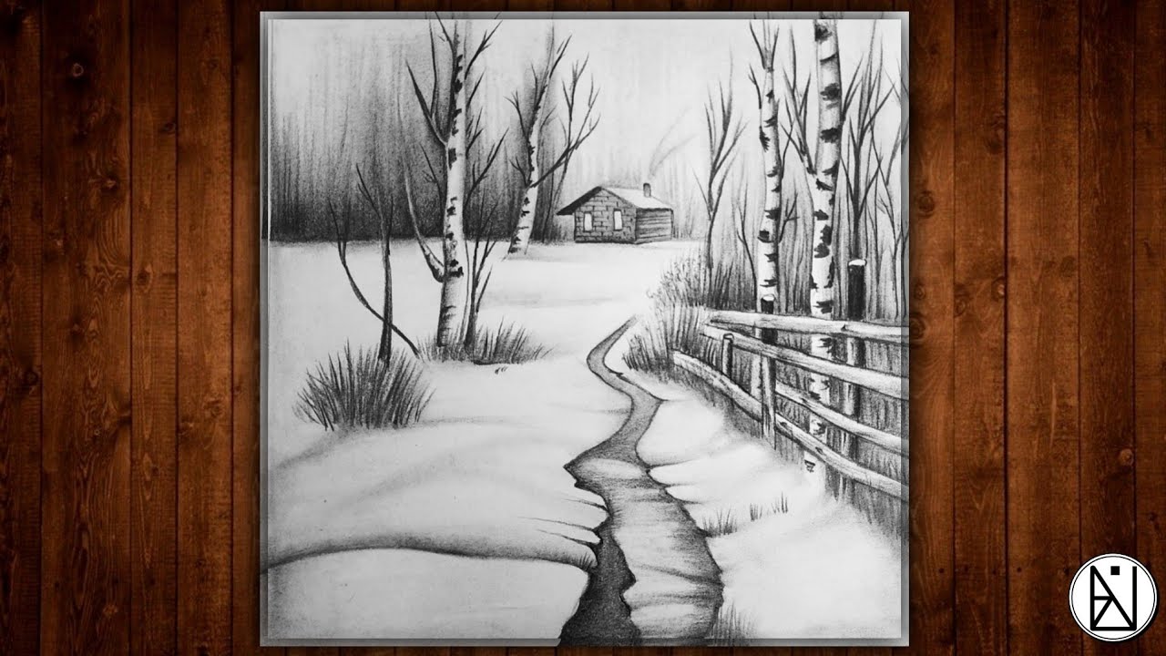 how to draw a winter landscape step by step|drawing pencil sketch - YouTube