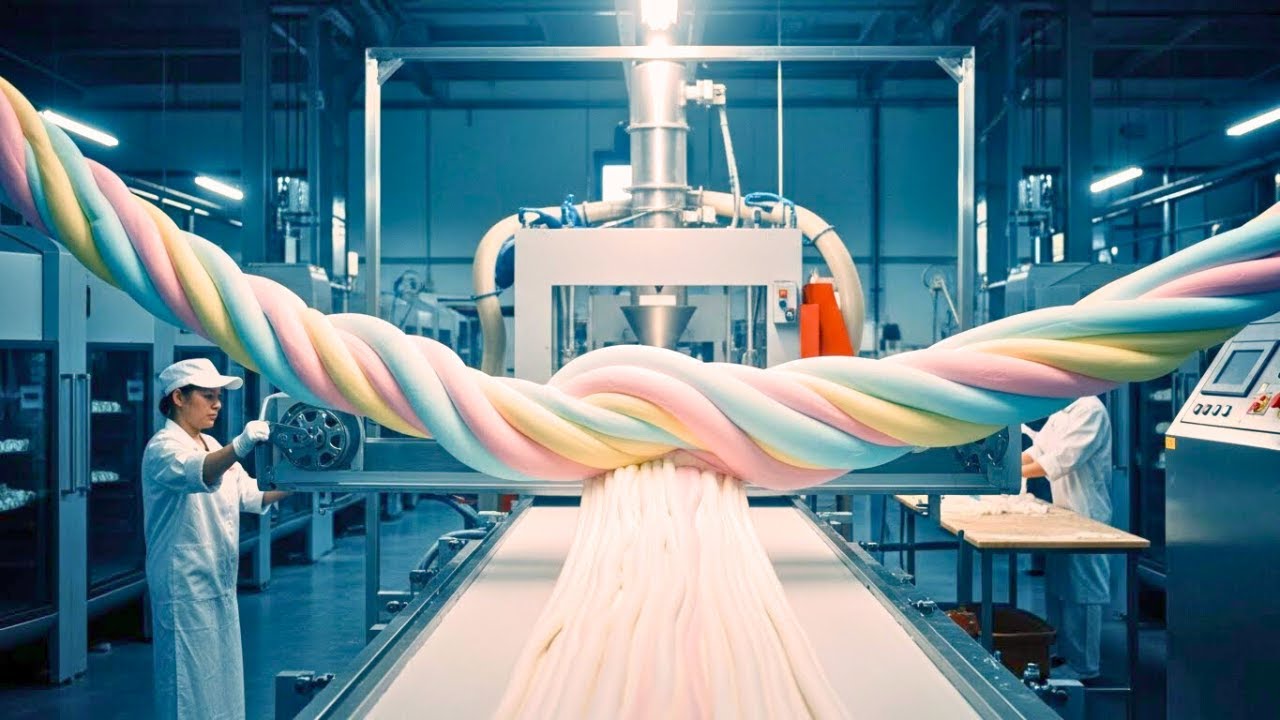 Inside a Modern Candy Factory: Marshmallow Ropes Stretched, Cut ...
