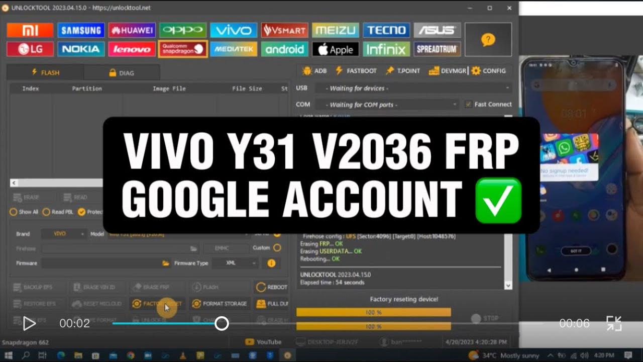VIVO Y31 V2036 FRP GOOGLE ACCOUNT bypass with UNLOCKTOOL - YouTube