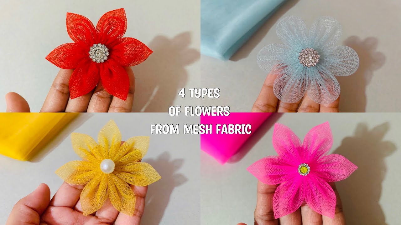 Net fabric flowers | 4 different net flowers | Beautiful Net Flower ...