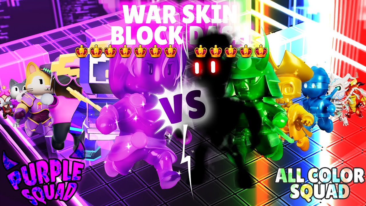 WAR SKIN BLOCK DASH! PURPLE SQUAD👑👑👑👑👑👑👑 vs GREEN,RED,BLUE,YELLOW,WHITE ...