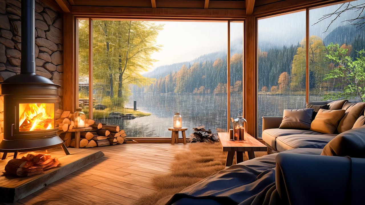 Cozy Spring Morning Ambience by the Lake with Rain Sound, Bonfire ...