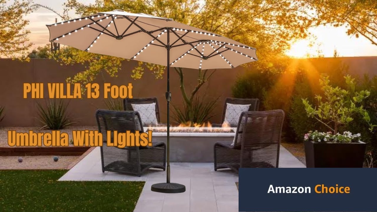 PHI VILLA Large 13 Foot Umbrella with Solar Lights & 120 Piece LED ...