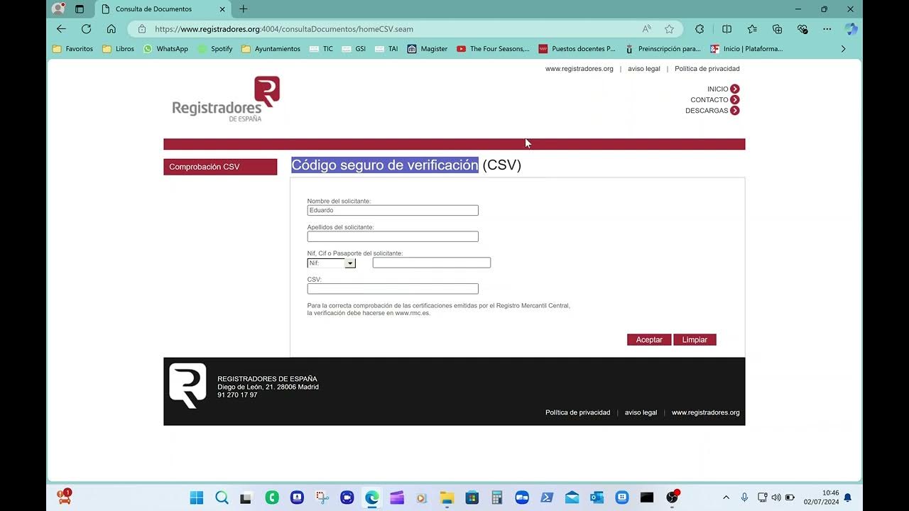 Código seguro de verificación Registro de la propiedad. Prof. Informático Eduardo Rojo Sánchez ...