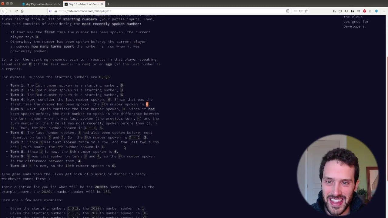 Solving day 15 of Advent of Code 2020 in JavaScript - YouTube