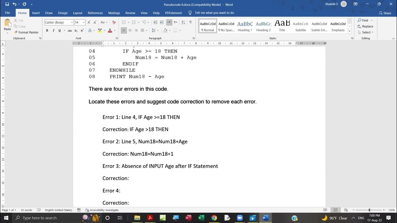 Pseudocode and Program 6 To find Errors and Correct - YouTube