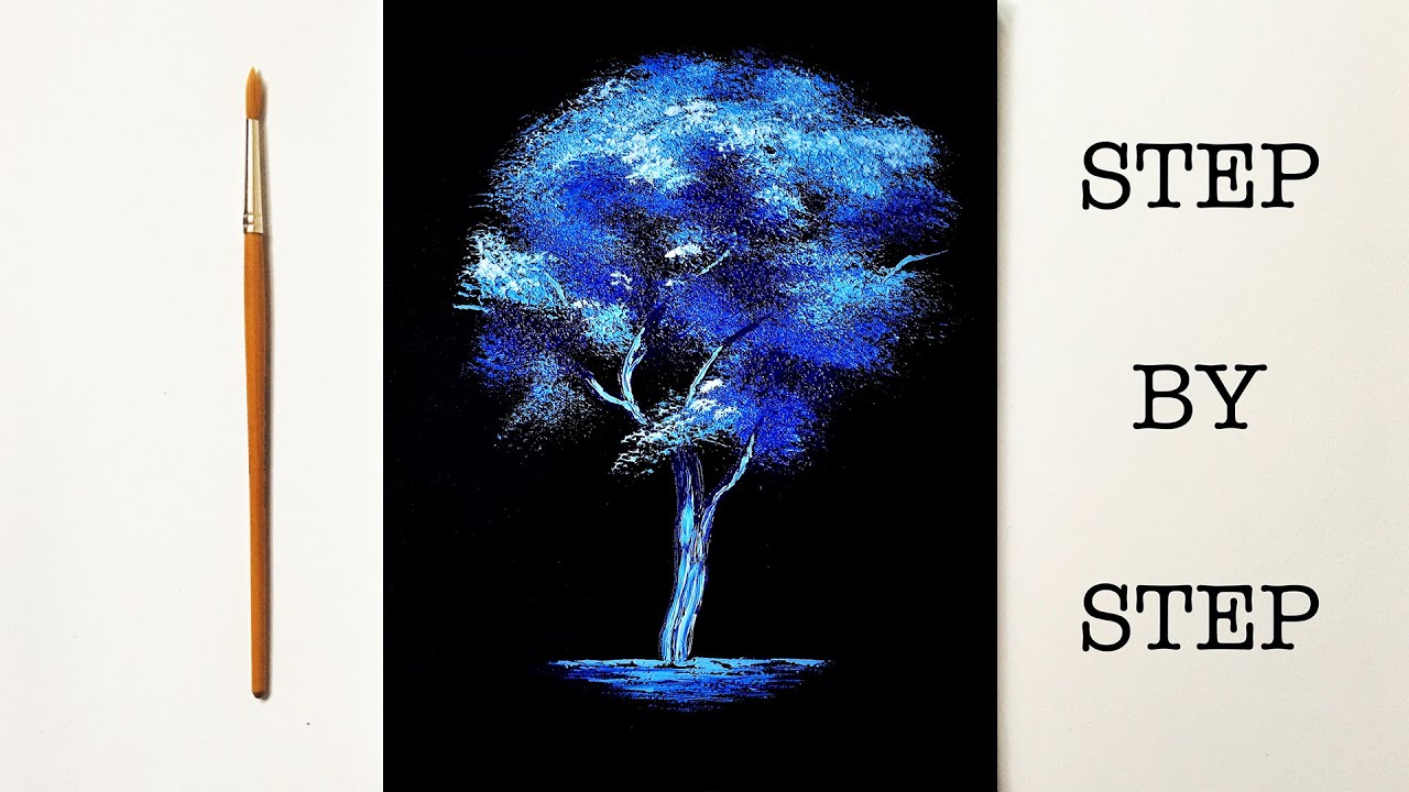 Blue Tree on Black Canvas | Acrylic Painting for Beginners | Abstract ...