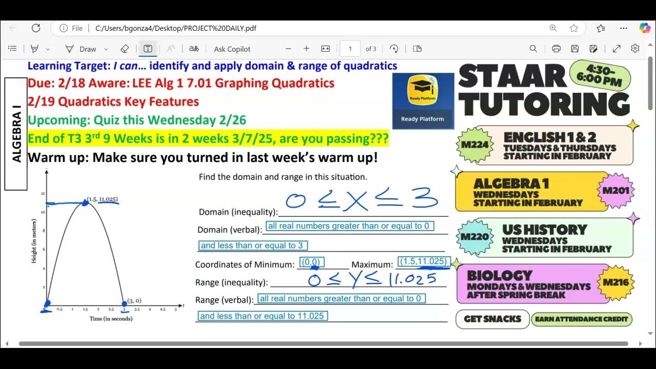 2/24/25 A1 Warm Up, Notes Quadratics Key Features pt 2 & Assignment # ...