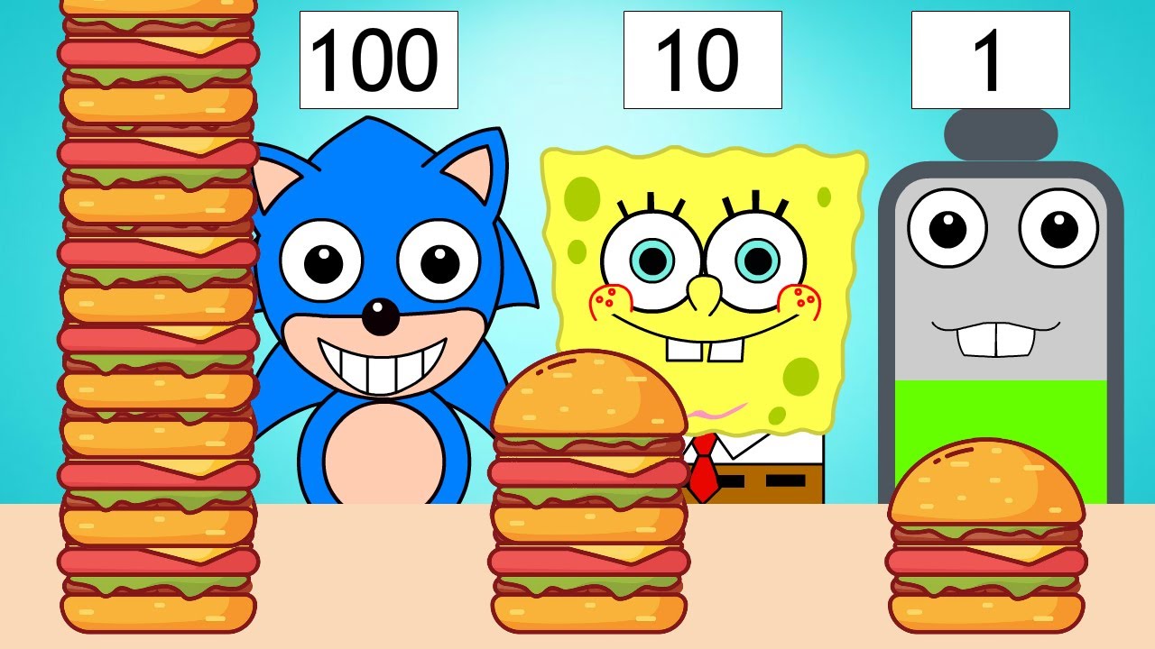 Spongebob and Low Battery with Sonic 100 Layers Food Challenge | Asmr ...