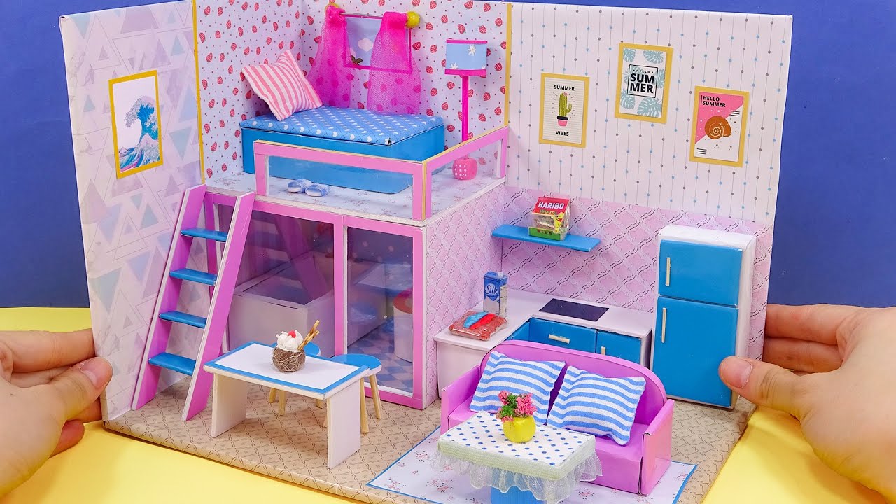 DIY Miniature Cardboard House #2 bathroom, kitchen, bedroom, living ...