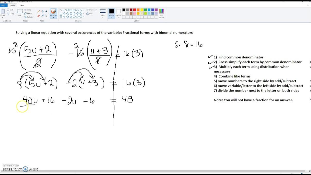 Solving a linear equation with several occurrences of the variable Fractional forms with binomal ...