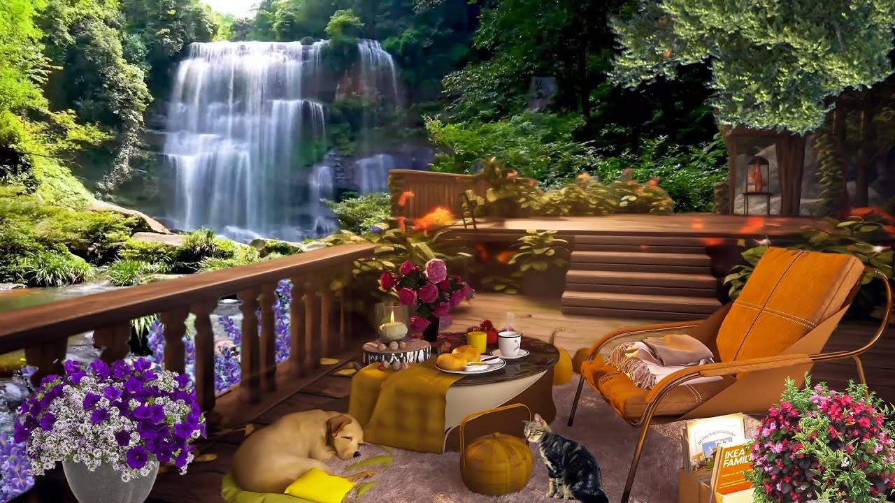 Summertime Cozy Porch Ambience 🌻 Soothing Waterfall Sounds and Bird ...