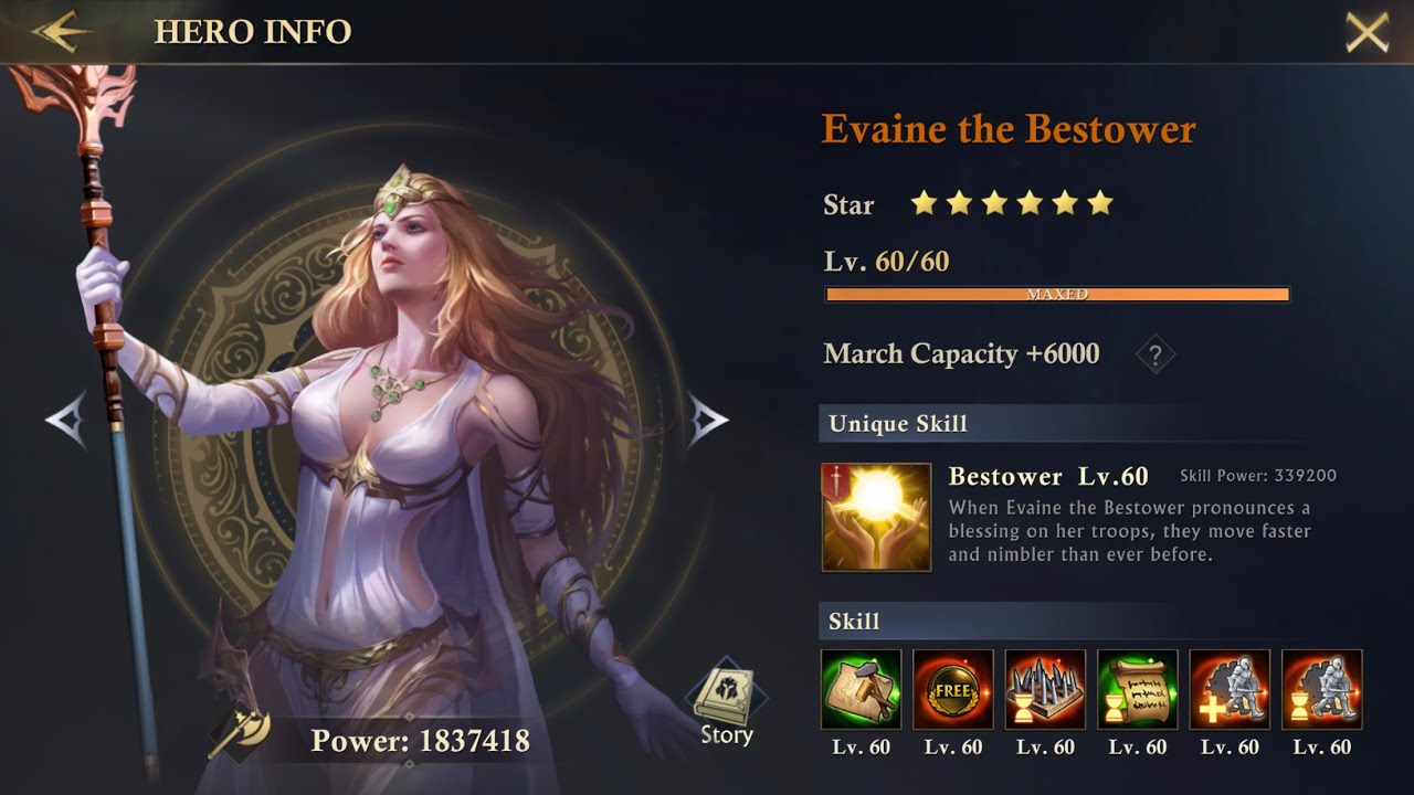 Finally got Evaine The Bestower 6* and boost troop training with 72% - YouTube