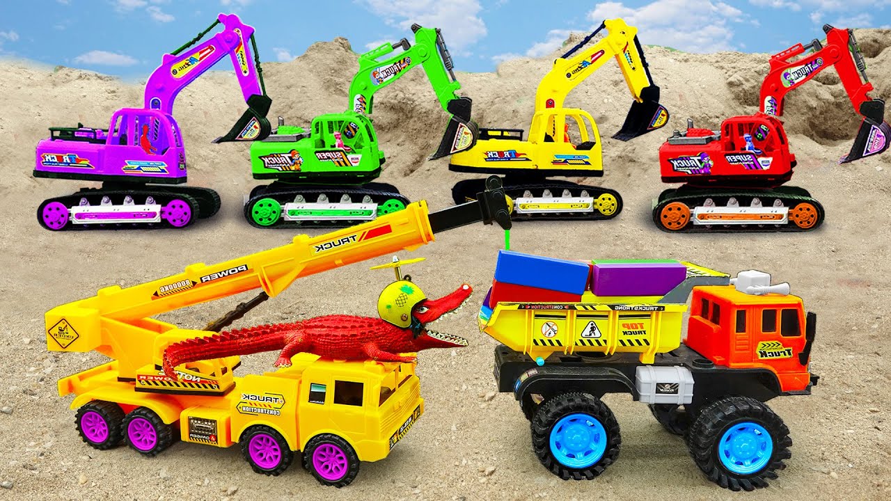 Play with toys cars saves construction vehicles, excavator, garbage ...