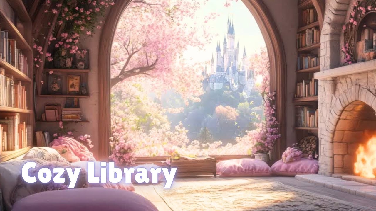 Cozy Spring Castle Library 🌸 Fireplace & Soft Piano Ambience (3 Hours ...