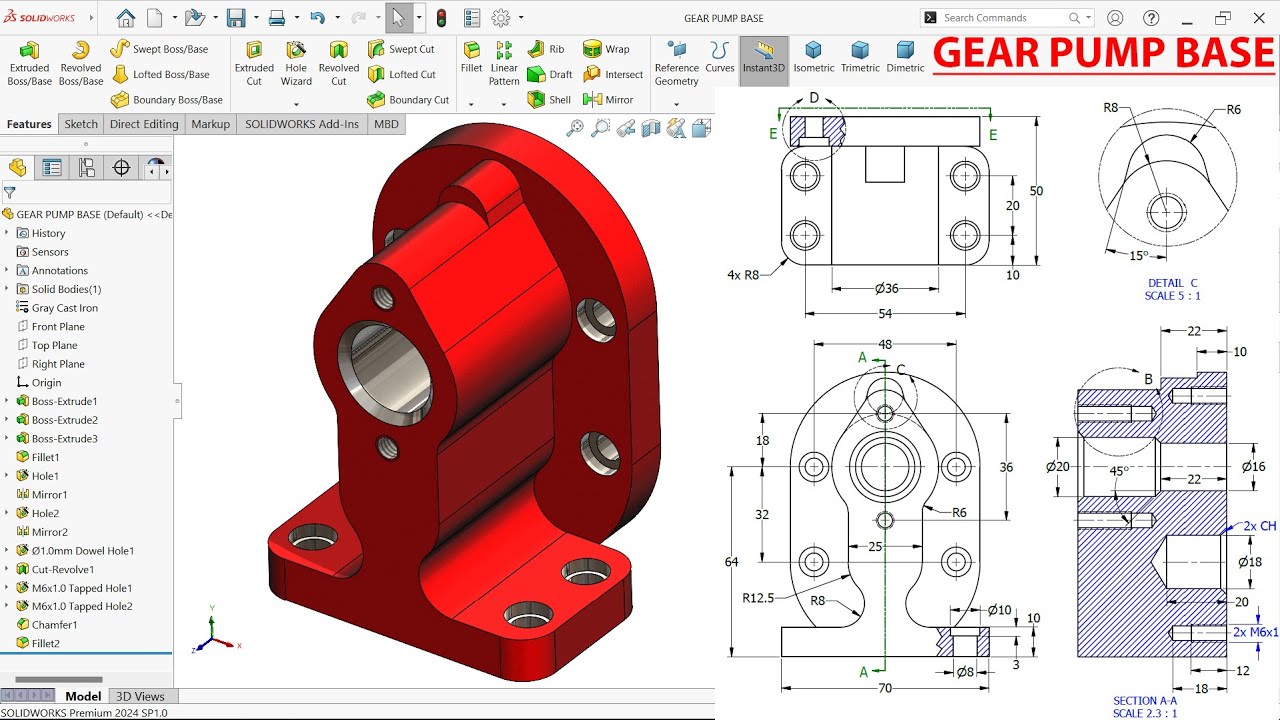 Gear Pump Base Design in SolidWorks | SolidWorks Tutorial - YouTube