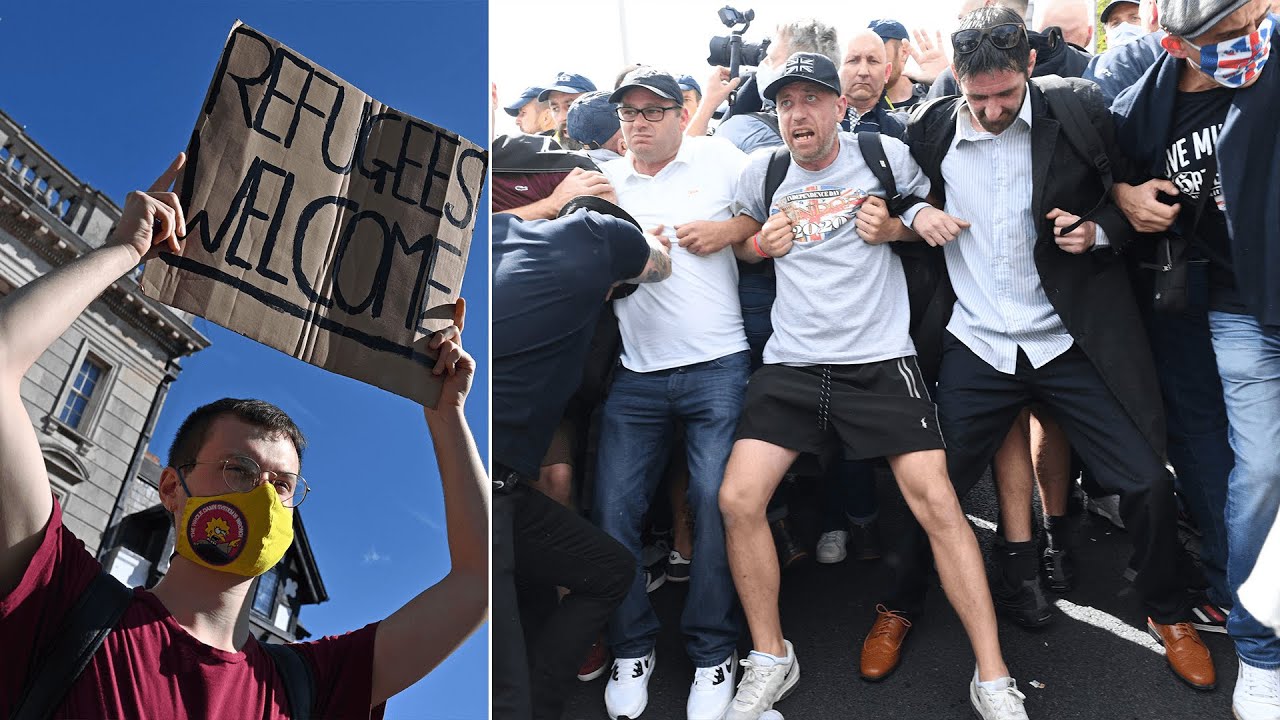 Pro-refugee and anti-immigration groups protest in Dover - YouTube