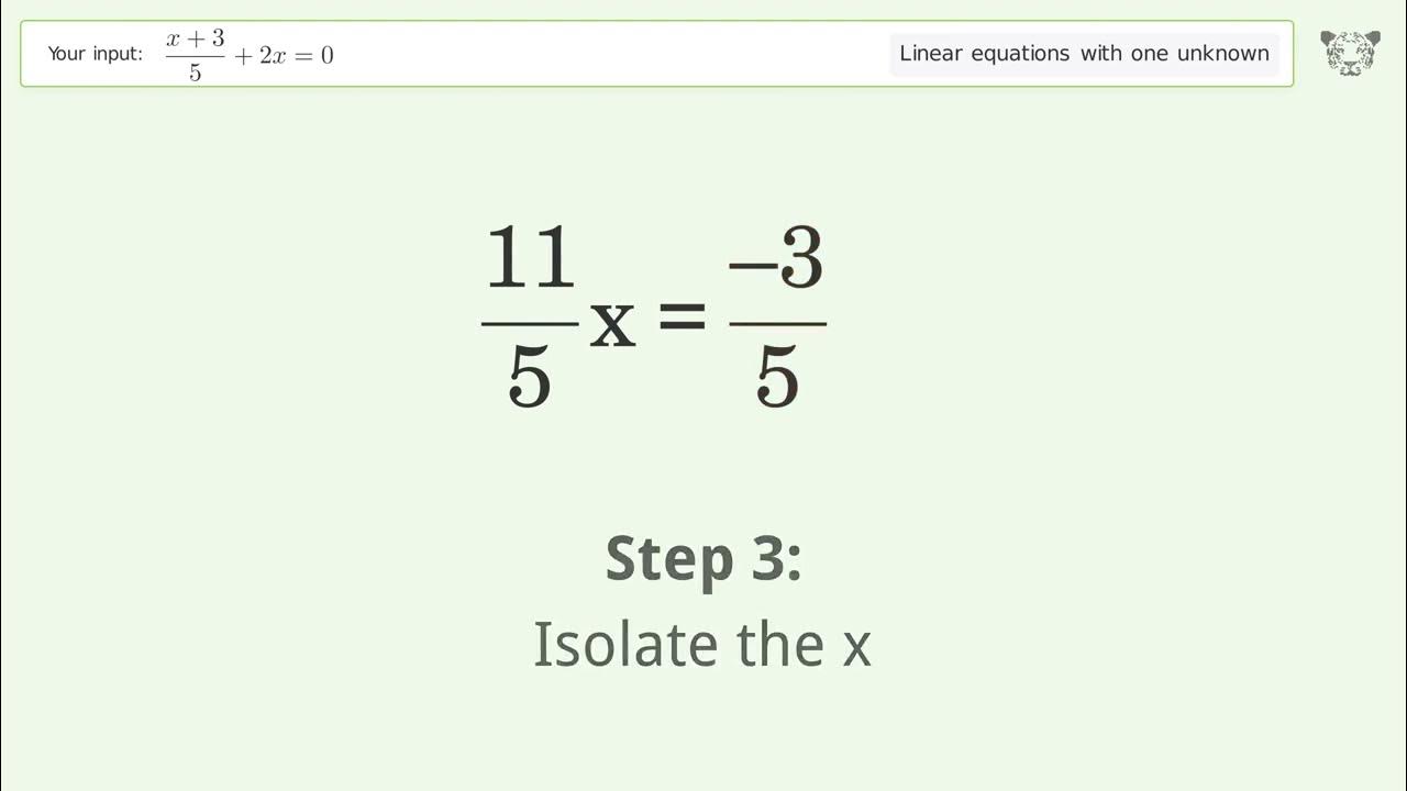 Linear equation with one unknown: Solve (x+3)/5+2x=0 step-by-step ...