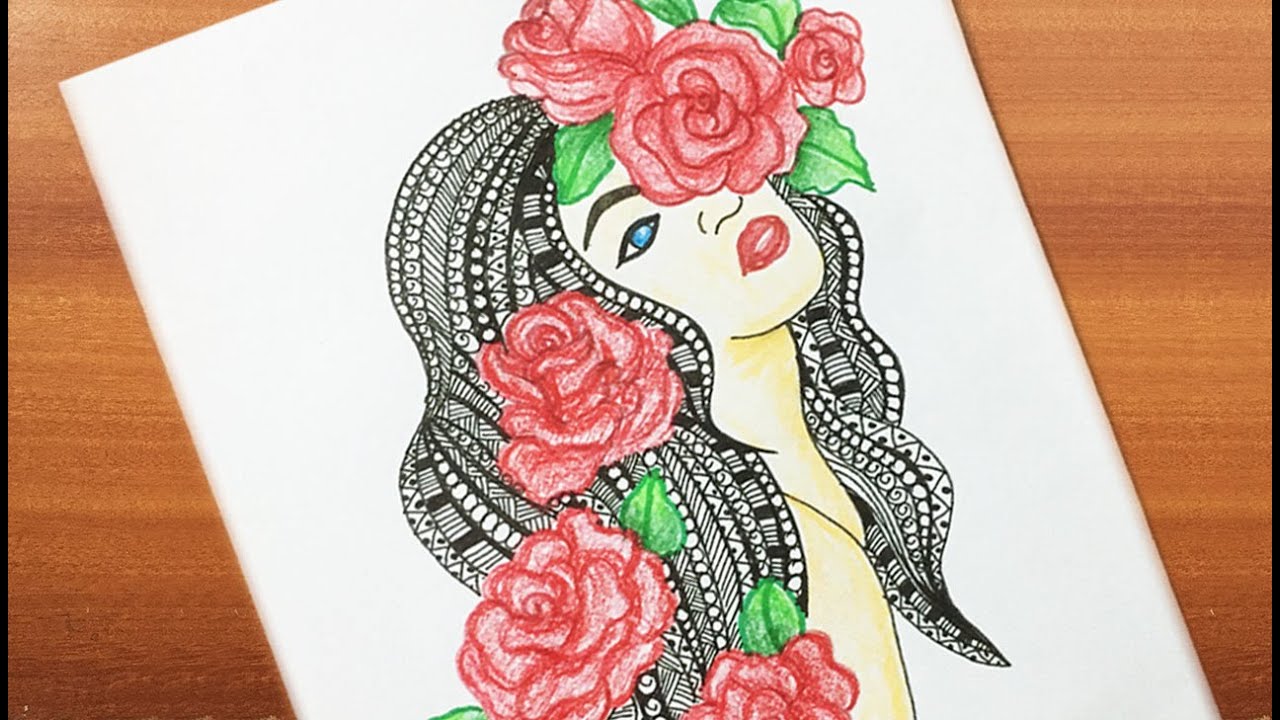 Zentangle Portrait with Roses | Zentangle Portrait step by step - YouTube