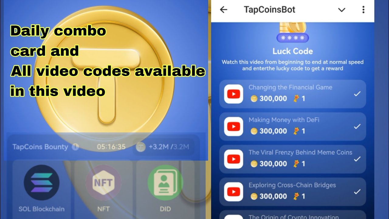 Tapcoin combo card and luck code for videos 21st September - YouTube