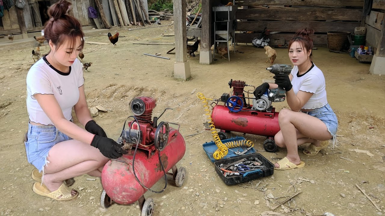 The genius girl successfully restored the LUCKY 35 liter air compressor ...