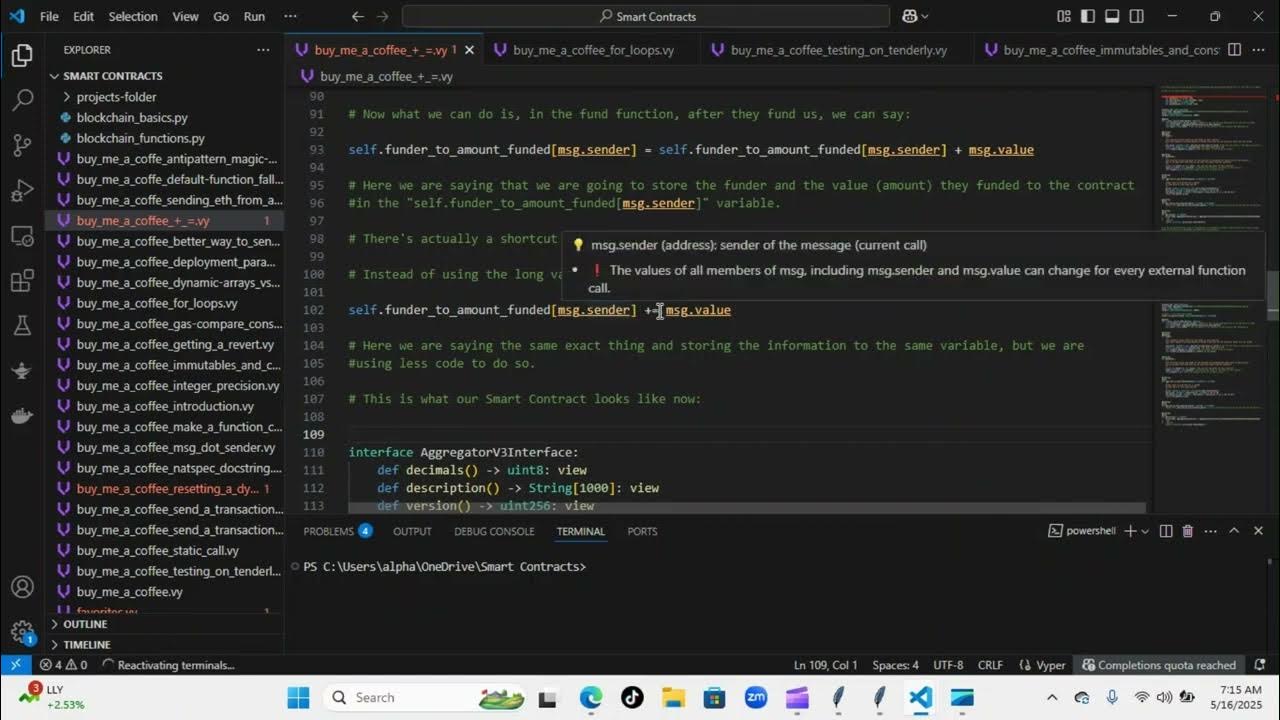 Python Papi / Smart Contracts - Vyper Moccasin Buy Me Coffee (+) and (=) in Vyper - Day 2 - YouTube