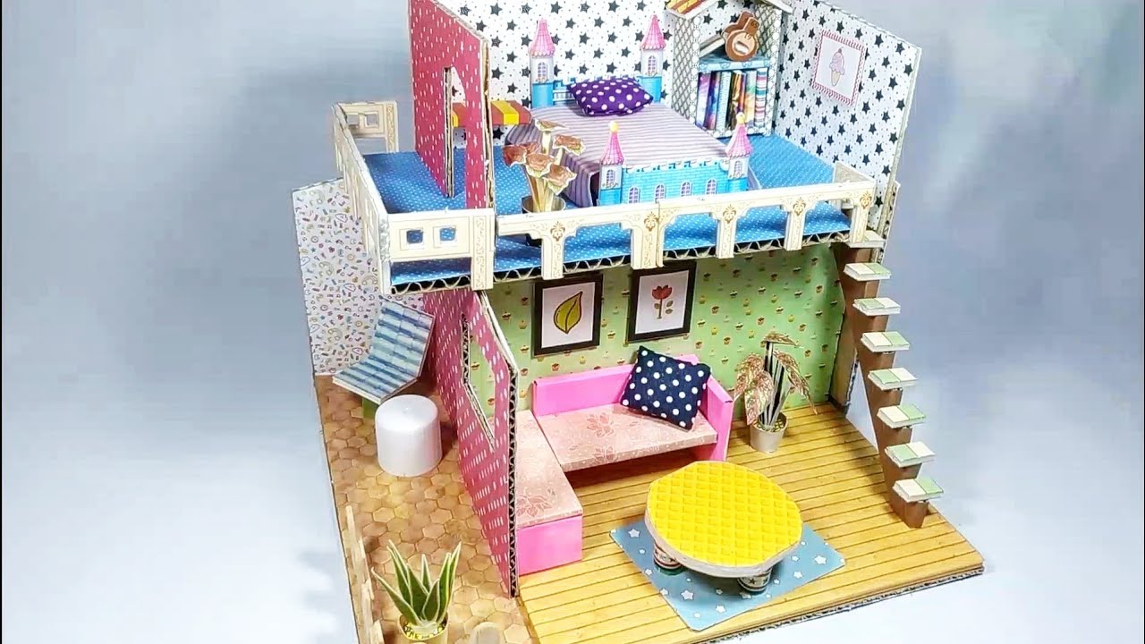 Mini Floor Bedroom | DIY Cardboard | Miniature Bedroom with Living Room ...