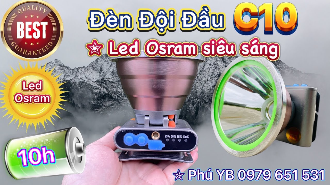 💥(SIÊU SÁNG, BỀN BỈ) Đèn Đội Đầu C10 Led Osram Chiếu Xa, Pin Trâu 10h ...
