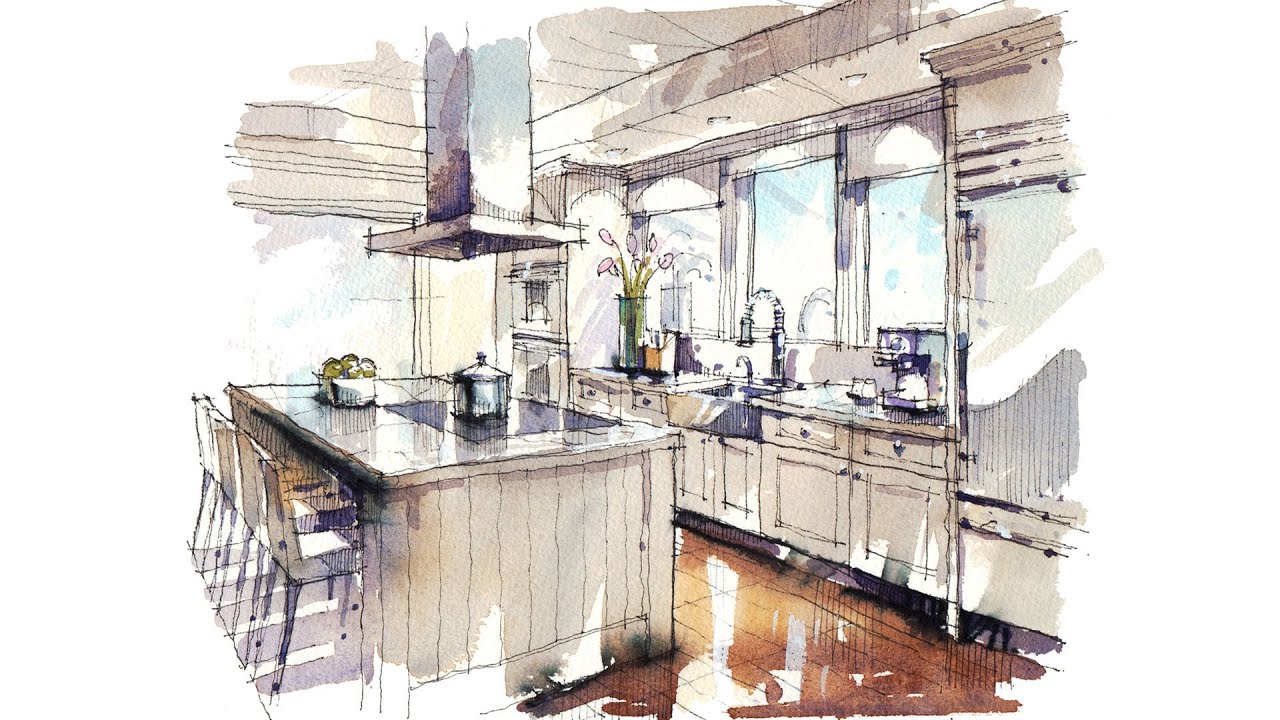 Hand Rendering, Interior, Kitchen Watercolor Sketch (Full) - YouTube