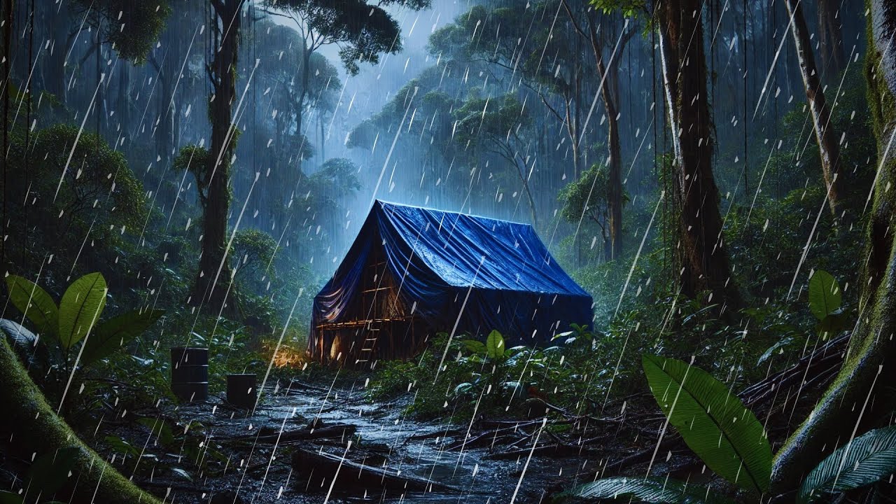 Rain Drops On Blue Plastic Tarp Roof With Thunders In Damp Rainforest ...