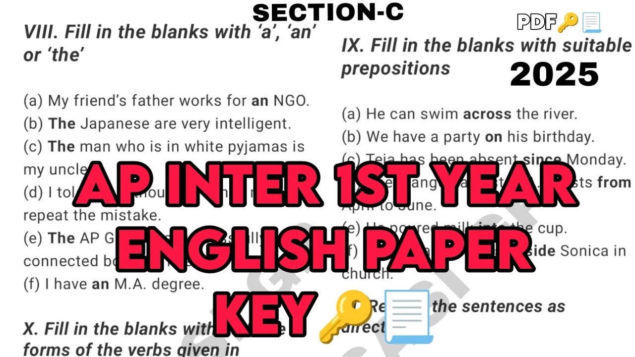 ENGLISH 1st Year paper key🔑 || PDF Download || All Answers 📃 - YouTube