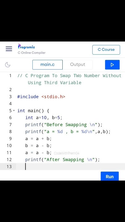 C Program To Swap Two Numbers Without Using Third Variable Cprogramming Shortvideo Shorts