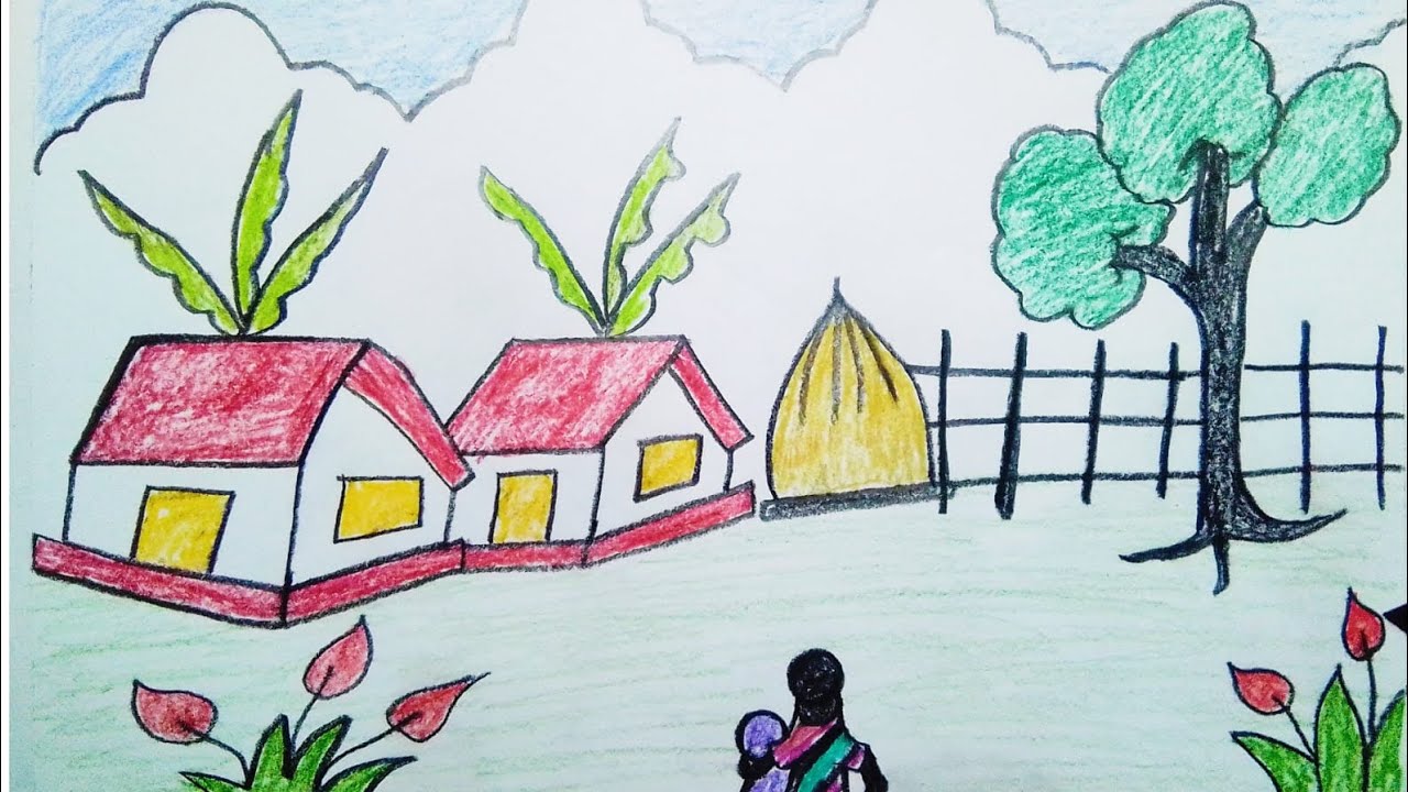How to draw a village scenery step by step || Village scenery drawing ...