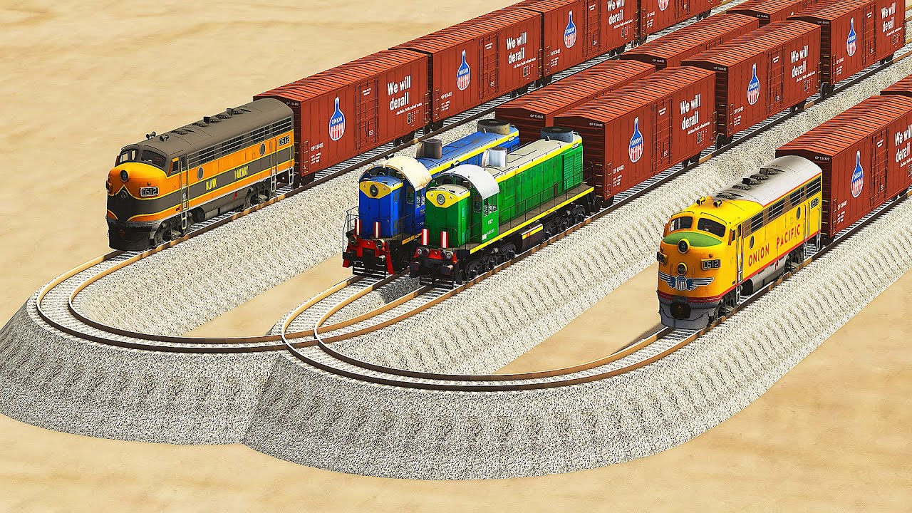 Four Trains vs Overlapping U Shape Rail Tracks Crossing - BeamNG.Drive ...