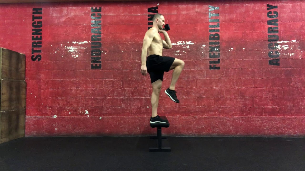 One arm dumbbell front rack step up to balance: ipsilateral - YouTube