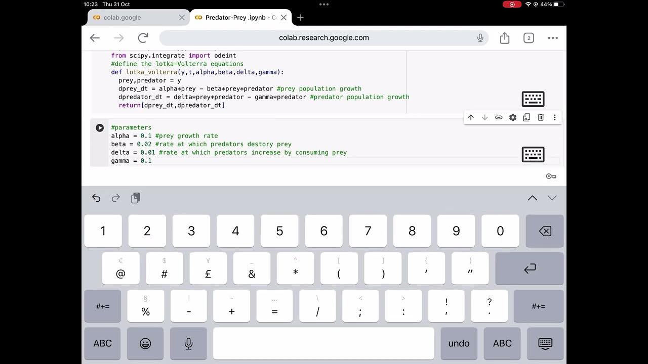 Predator-Prey Model (Lotka-Volterra equations) python code - YouTube
