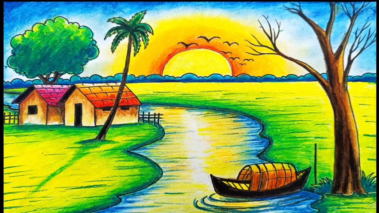 Beautiful sunset Nature Drawing with oil pastel/ Scenery drawing/How to ...