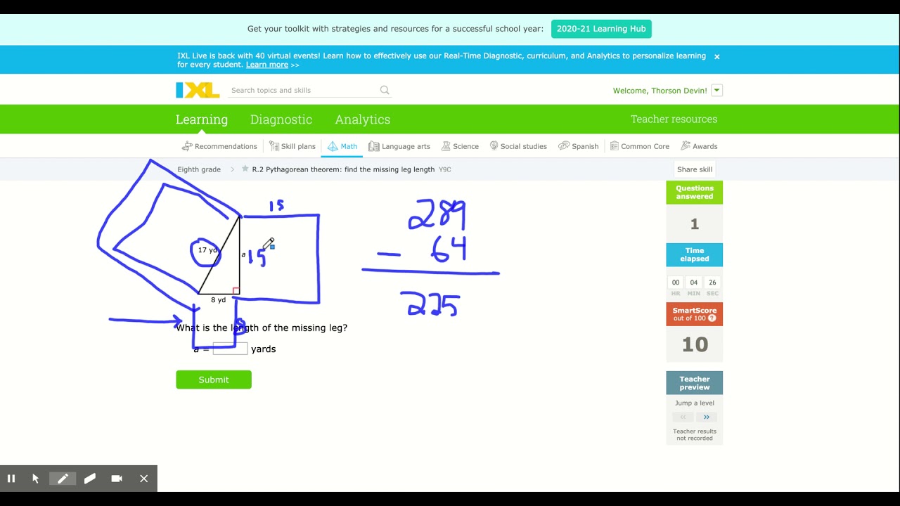 IXL | Pythagorean theorem: find the missing leg length | 8th grade math ...