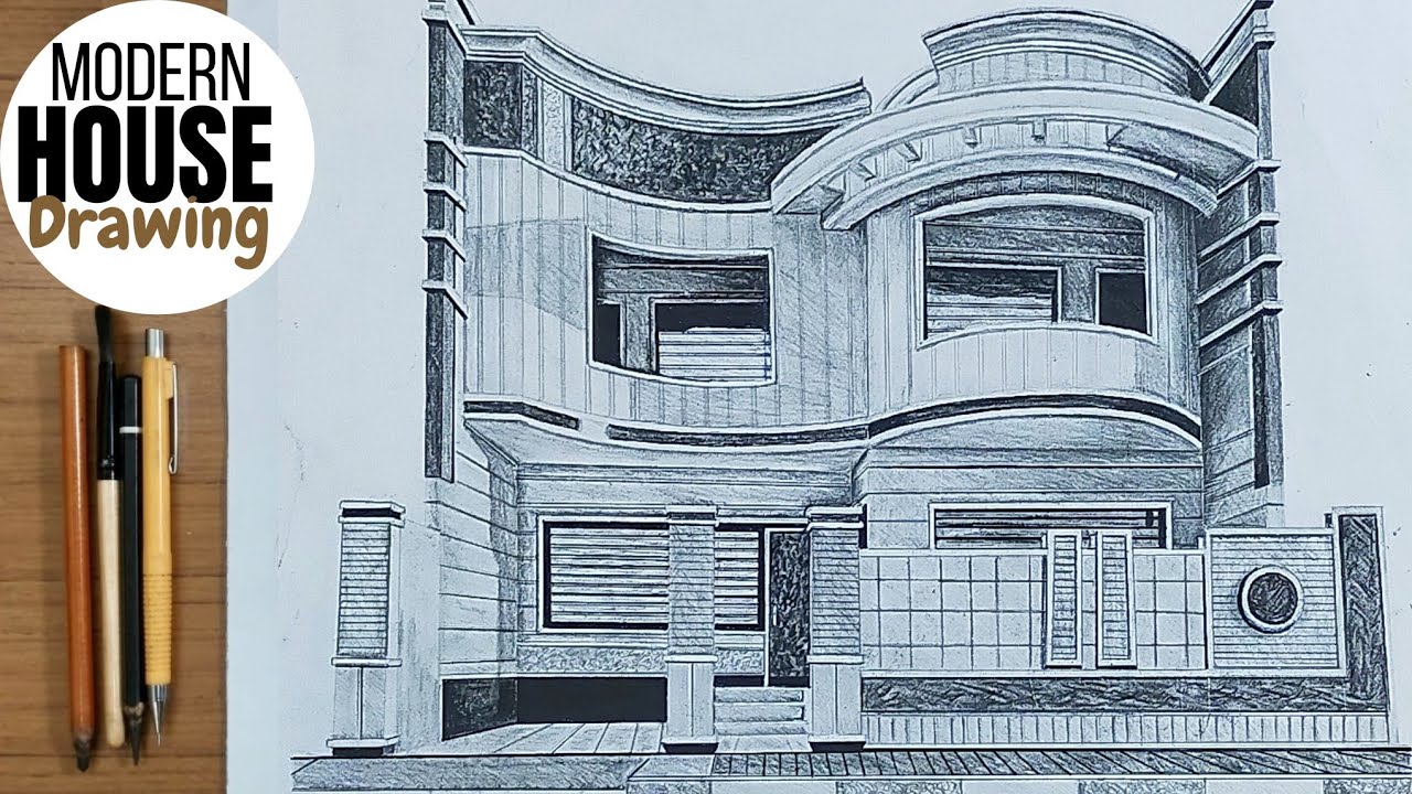 DRAW A MODERN STYLE HOUSE IN PERSPECTIVE || ARCHITECTURE : MODERN HOUSE ...