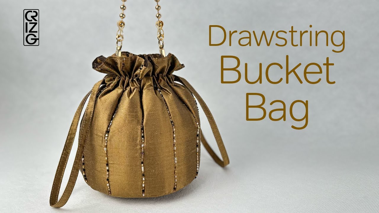Simple Little Drawstring Bucket Bag, with Beaded Golden Brown Satin ...