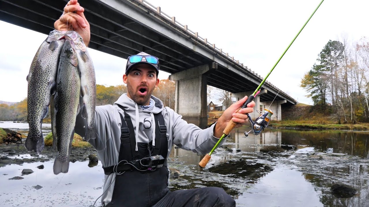 BRIDGE FISHING a LOADED Trout River!! CATCH and COOK Tasty Rainbow ...